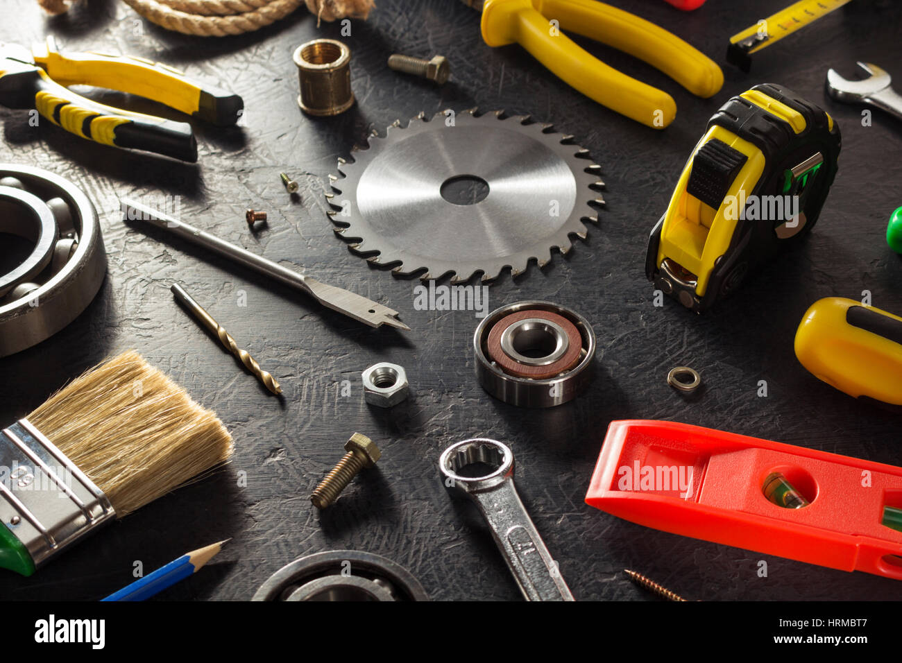 tools and instruments on black background Stock Photo - Alamy