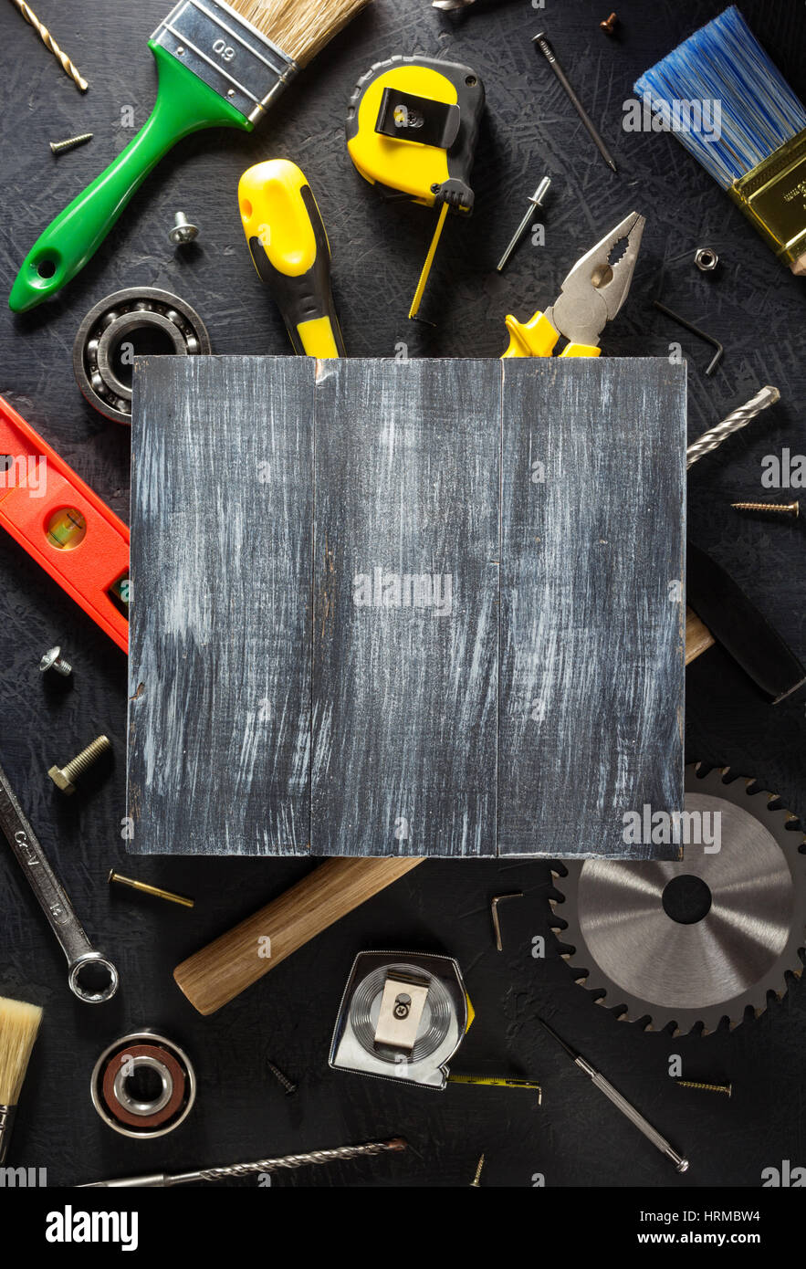set of tools and instruments on black background Stock Photo - Alamy