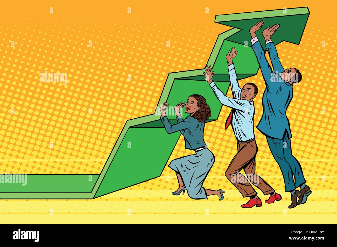 Business team lift up growth chart. Pop art retro vector illustration ...