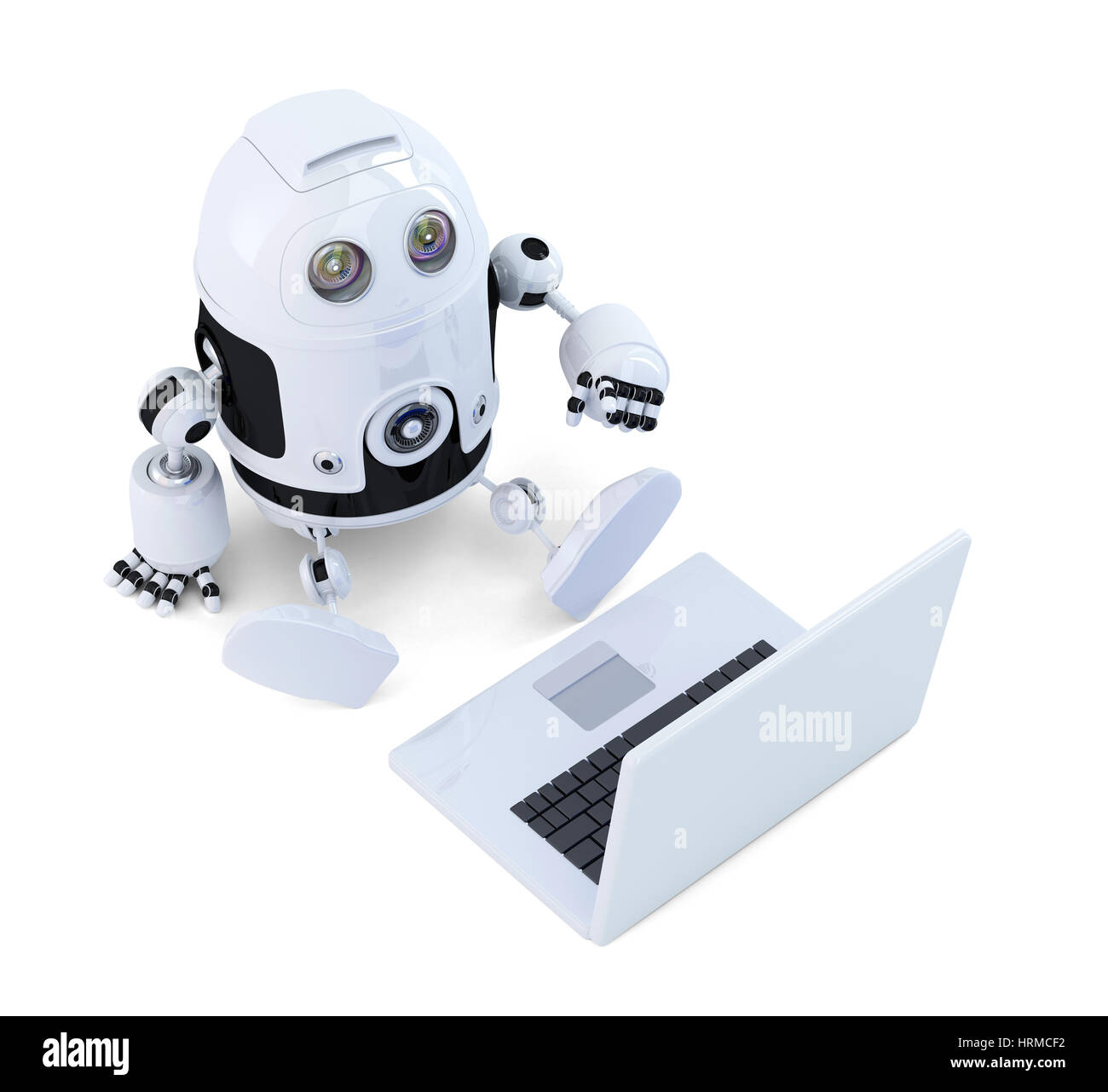 Robot sit with laptop. Isolated on white background Stock Photo - Alamy