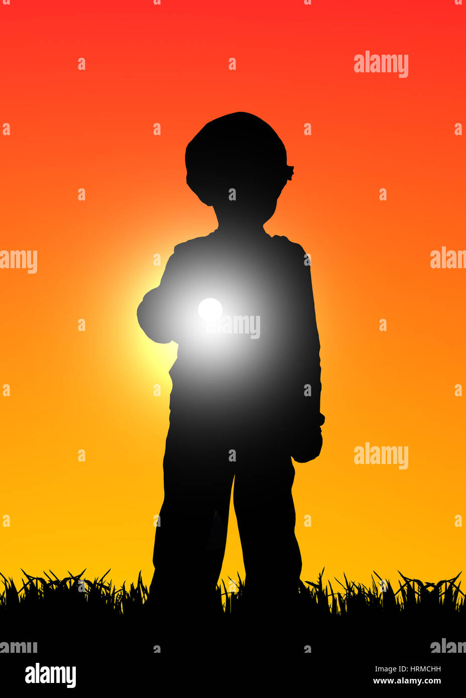 kid with flashlight at sunset illustration Stock Photo - Alamy