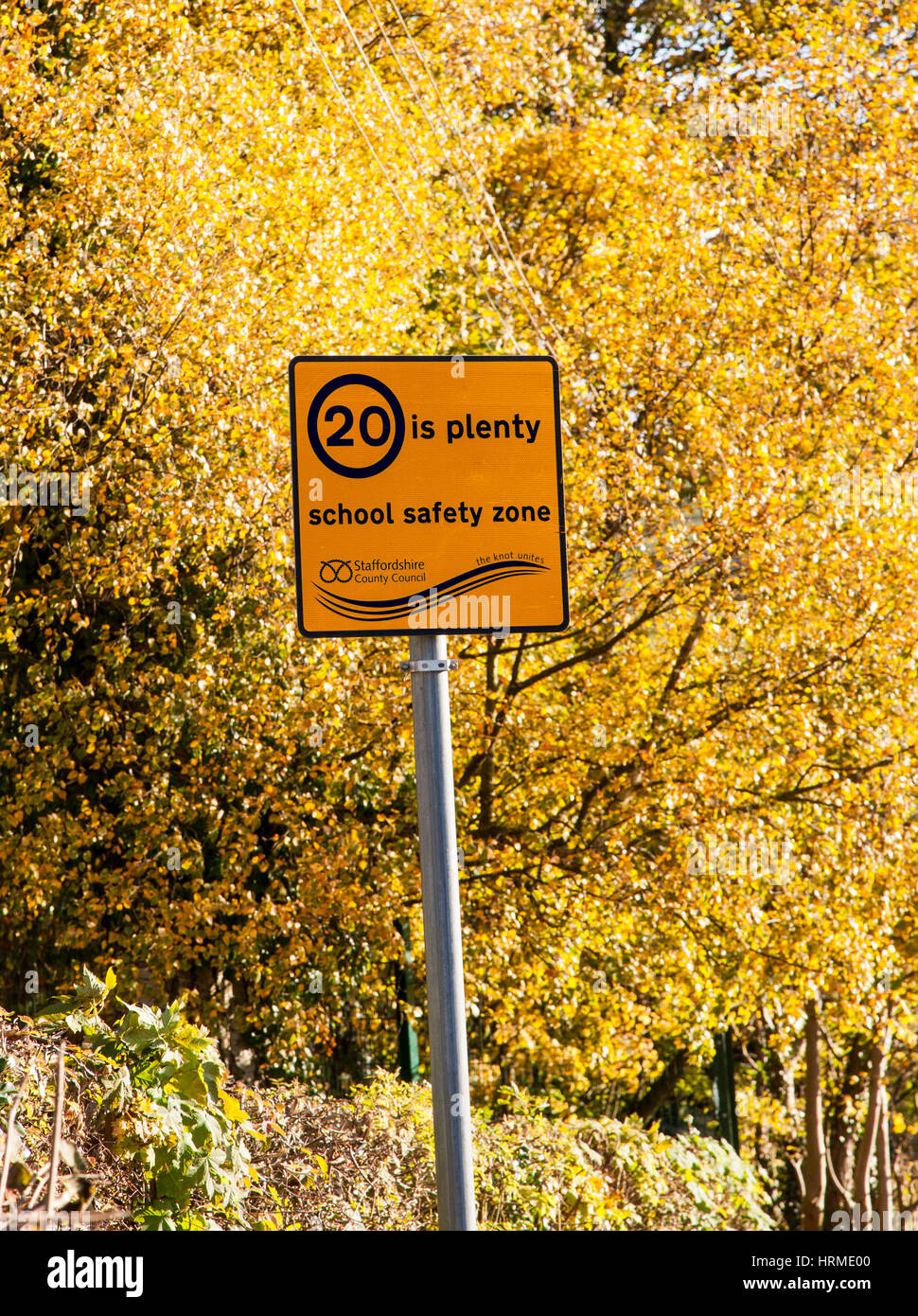 Road sign showing 20 MPH speed limit saying 20 is plenty school safety ...