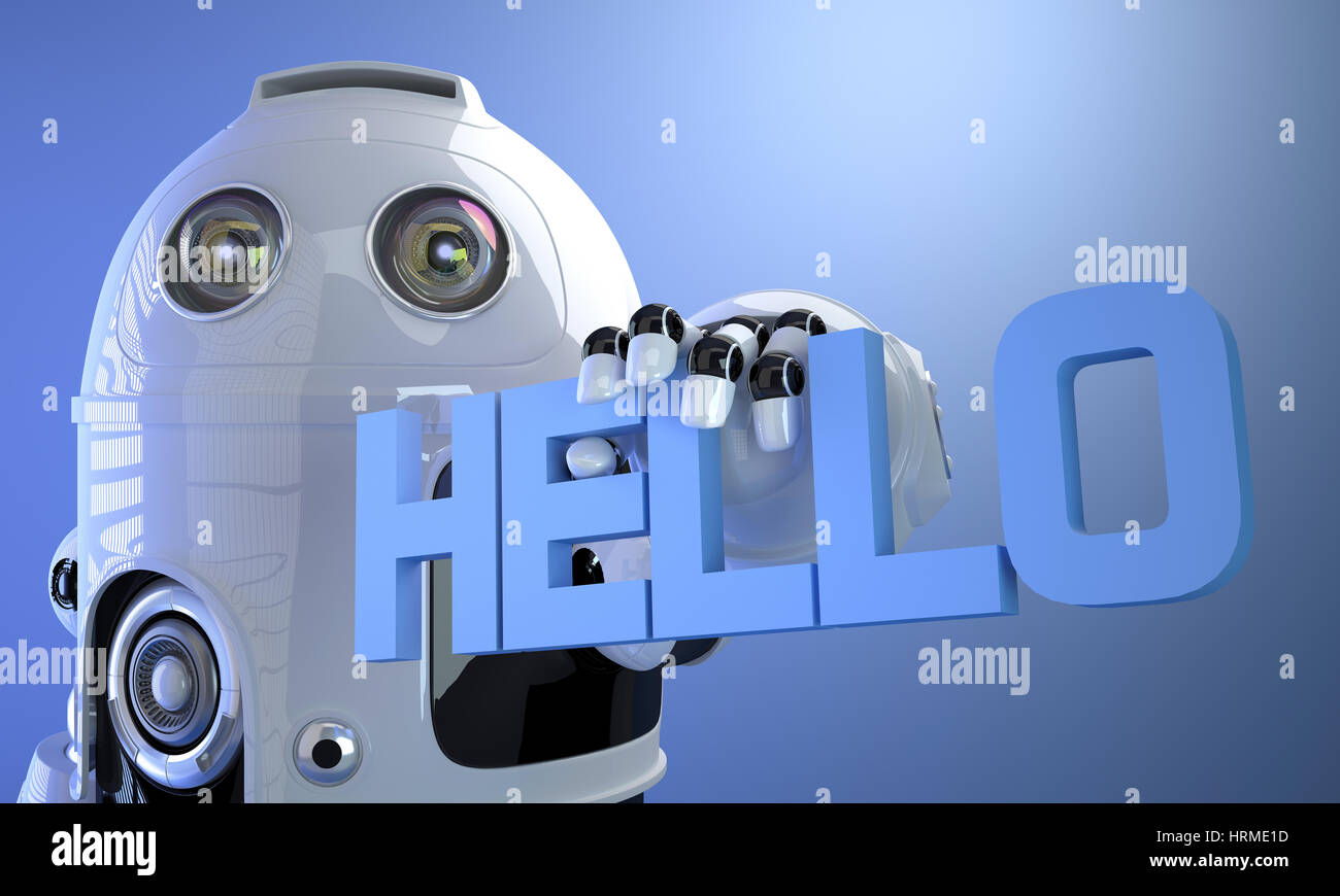 Robot holding HELLO sign. Technology concept. 3d Illustration Stock ...