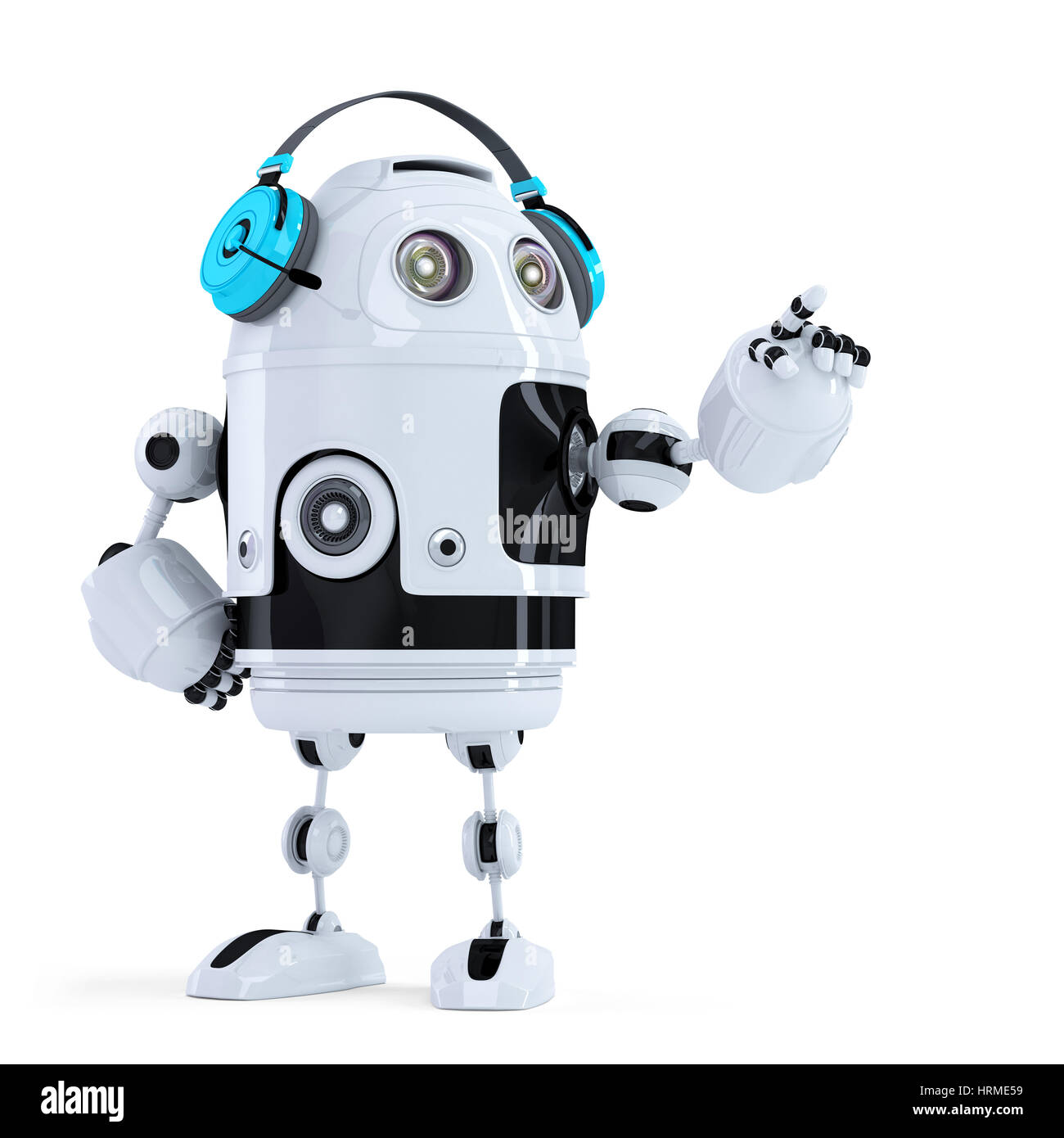 Robot with headphones pointingat invisible object. Isolated. Contains ...