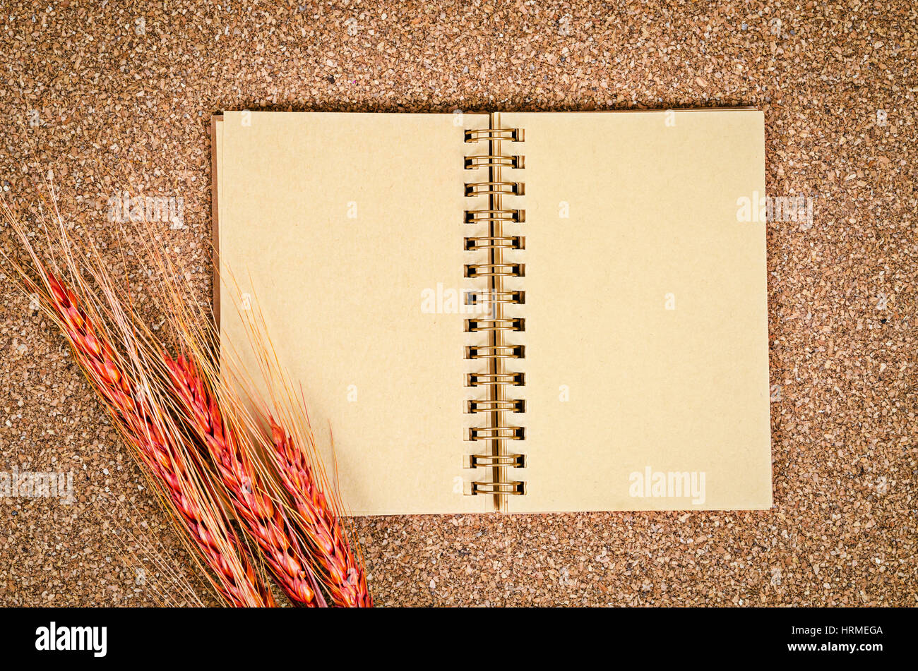Open blank vintage diary ready for your text with wheat on wooden ...