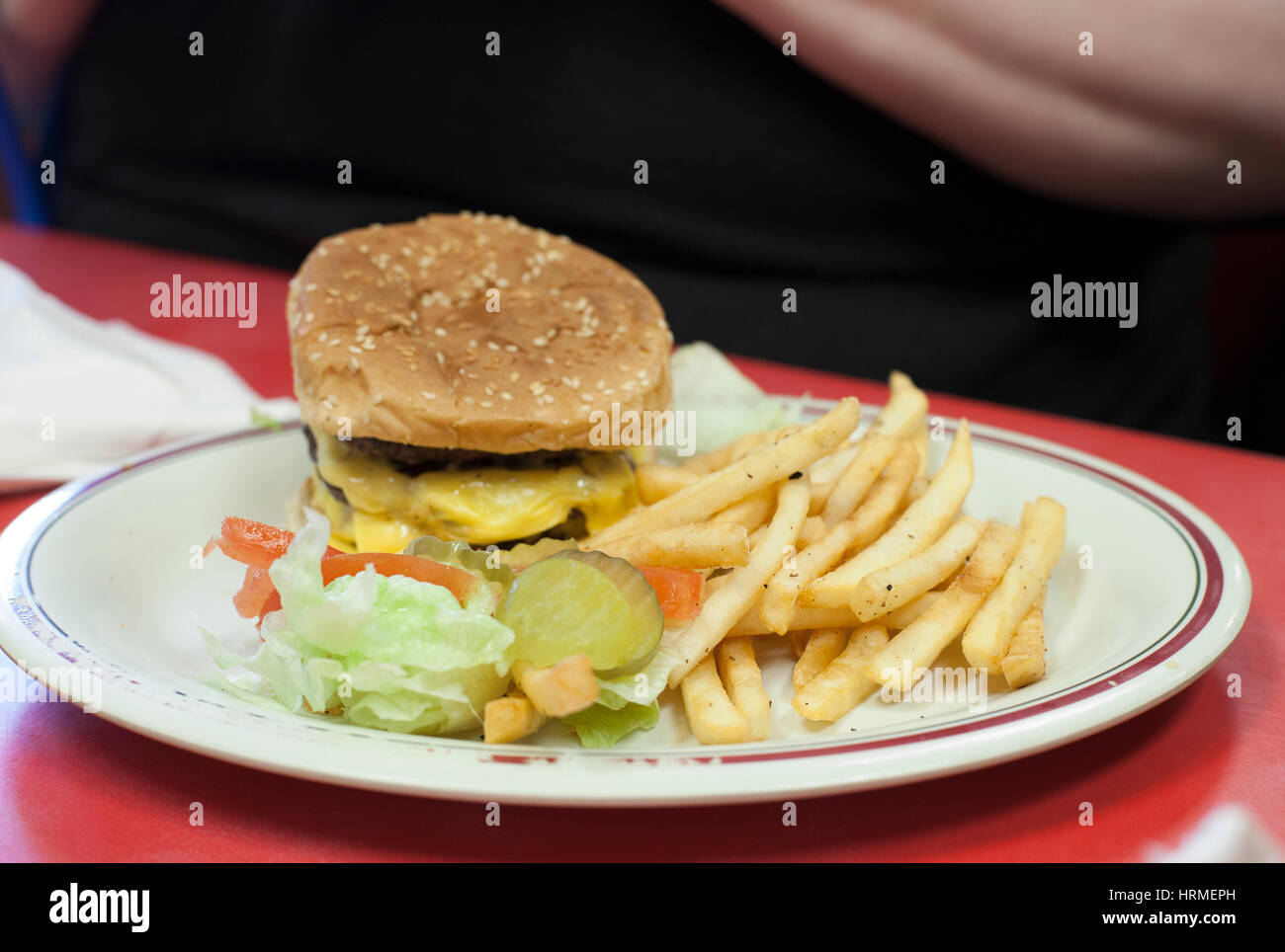 Cheeseburger with a side order of French fries Stock Photo - Alamy