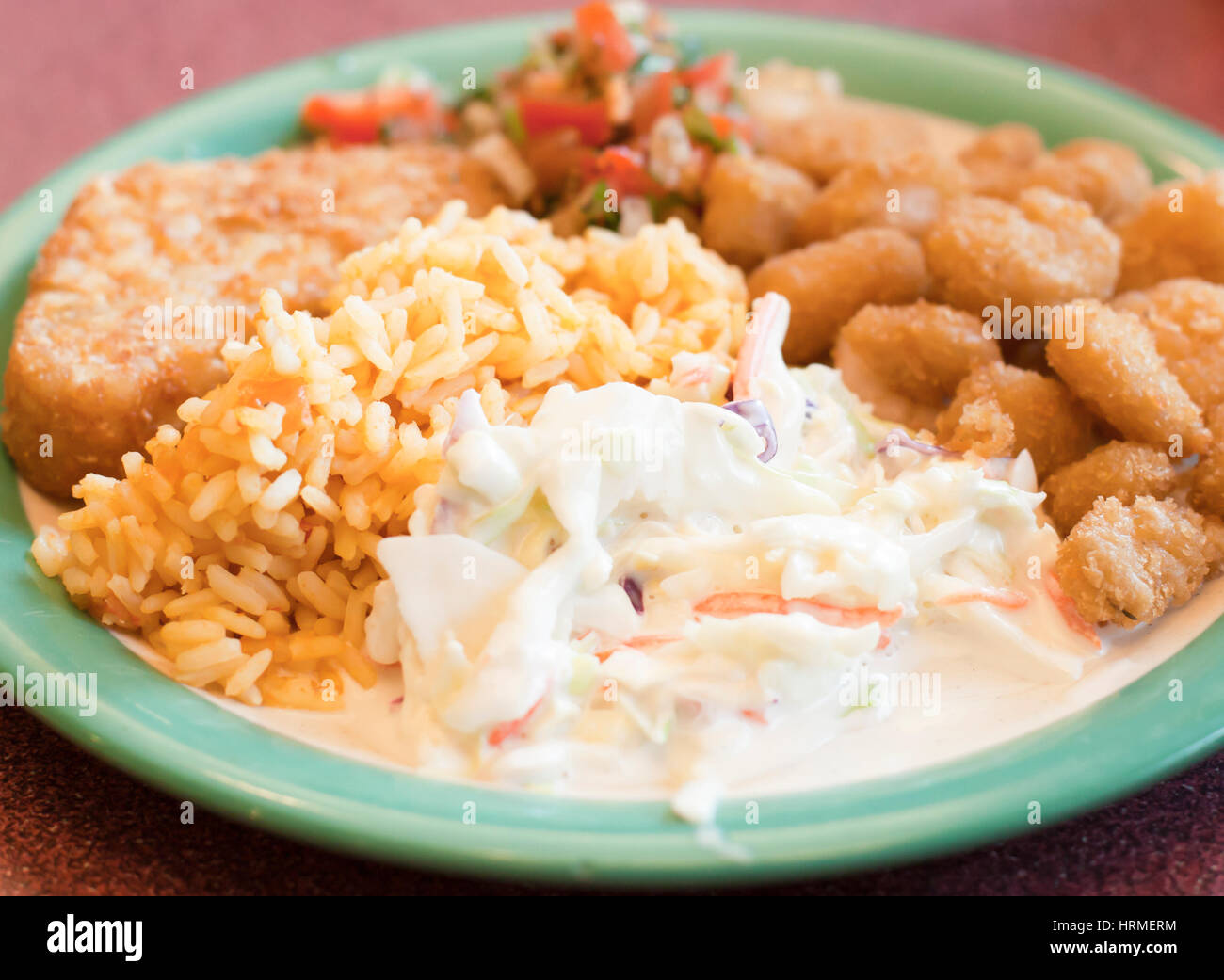 Shrimp, cole slaw, rice and pico de gallo Stock Photo - Alamy
