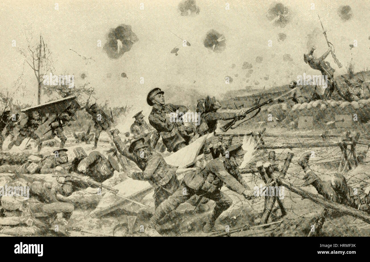 Charging through barbed wire entanglements in World War I Stock Photo ...