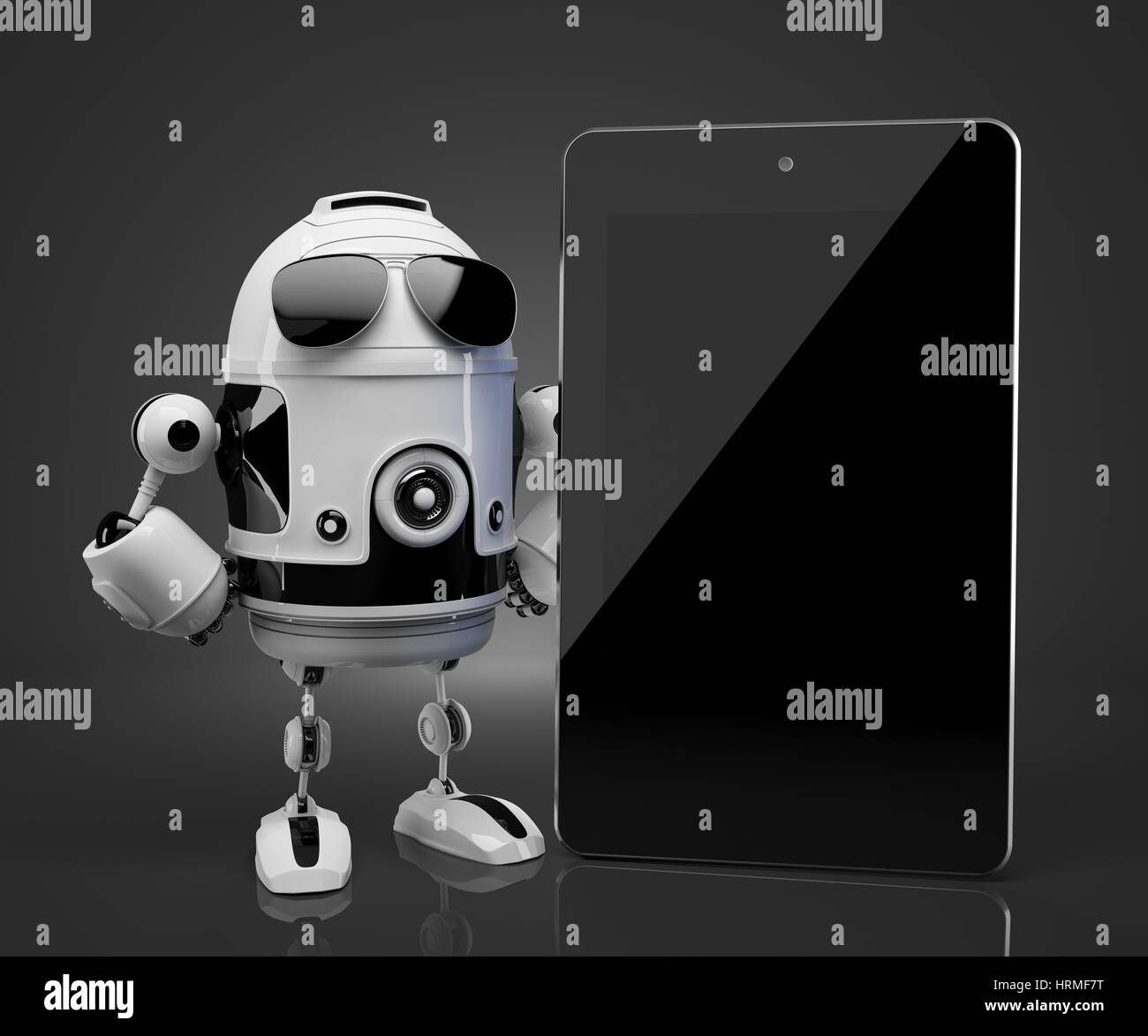 Robot with blank screen tablet computer. Contains clipping path of ...
