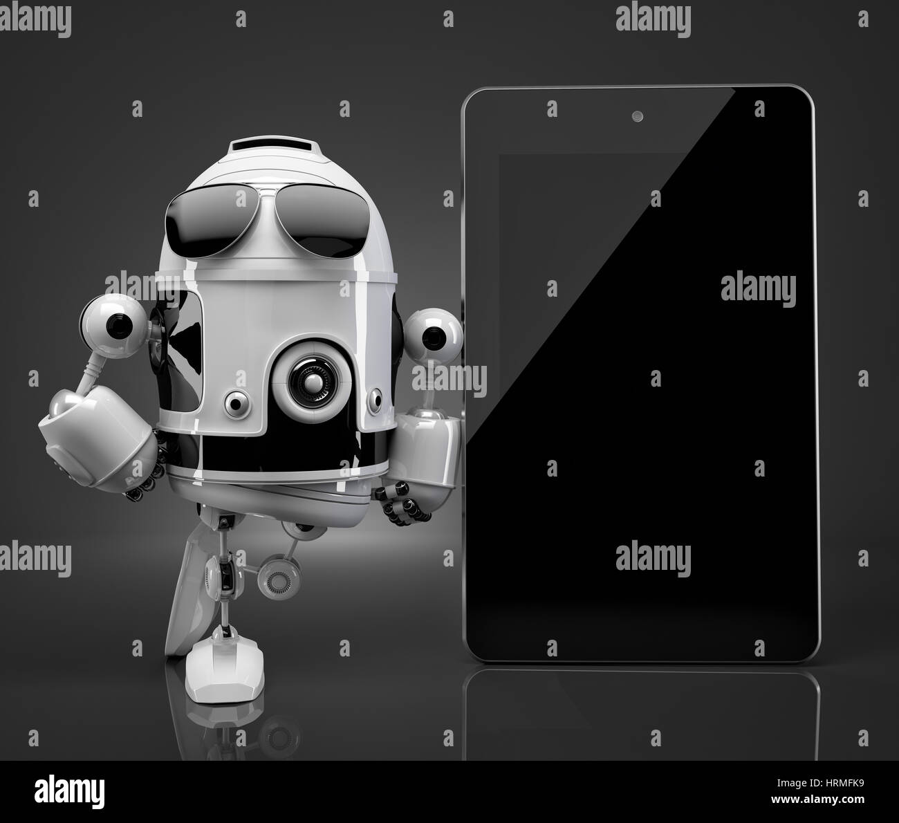 Robot with blank screen tablet computer. Contains clipping path of ...