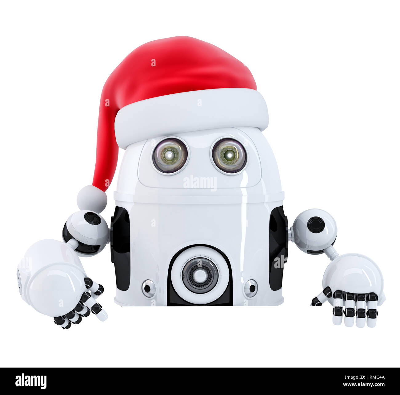 Robot Santa pointing in blank advertisement banner. Isolated. Contains ...