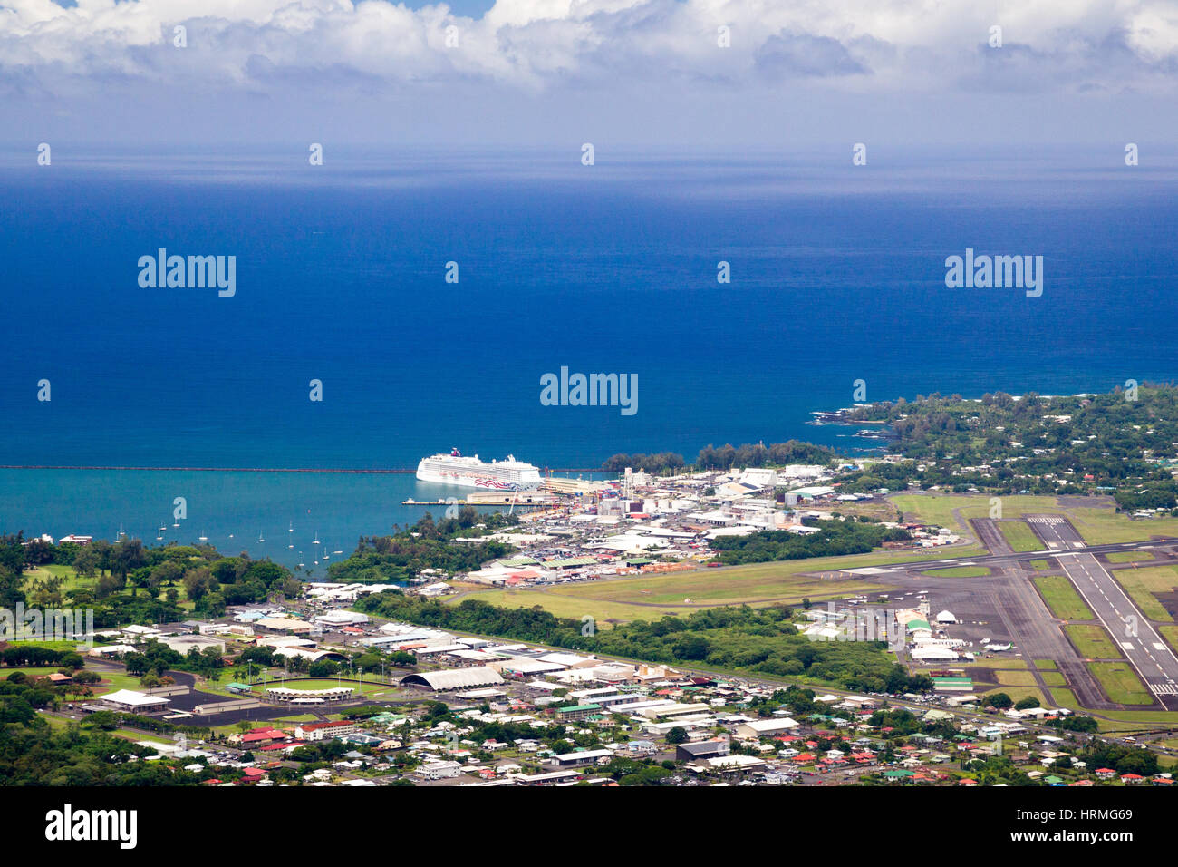Aerial view over harbor and airport of Hilo on Big Island, Hawaii, USA ...