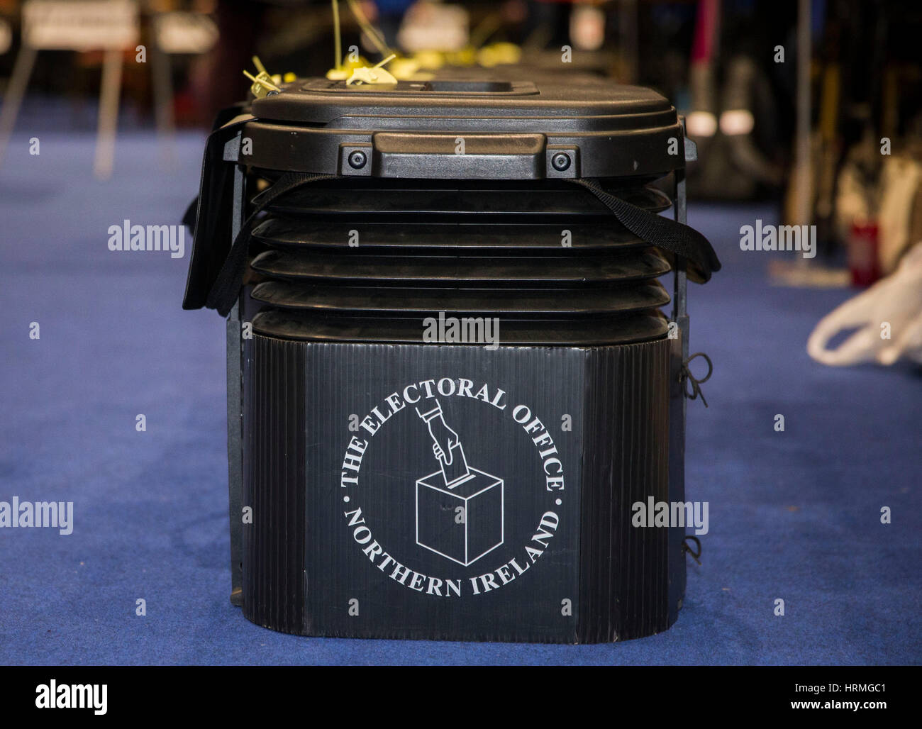 An unopened ballot box as election count staff count ballot papers at ...