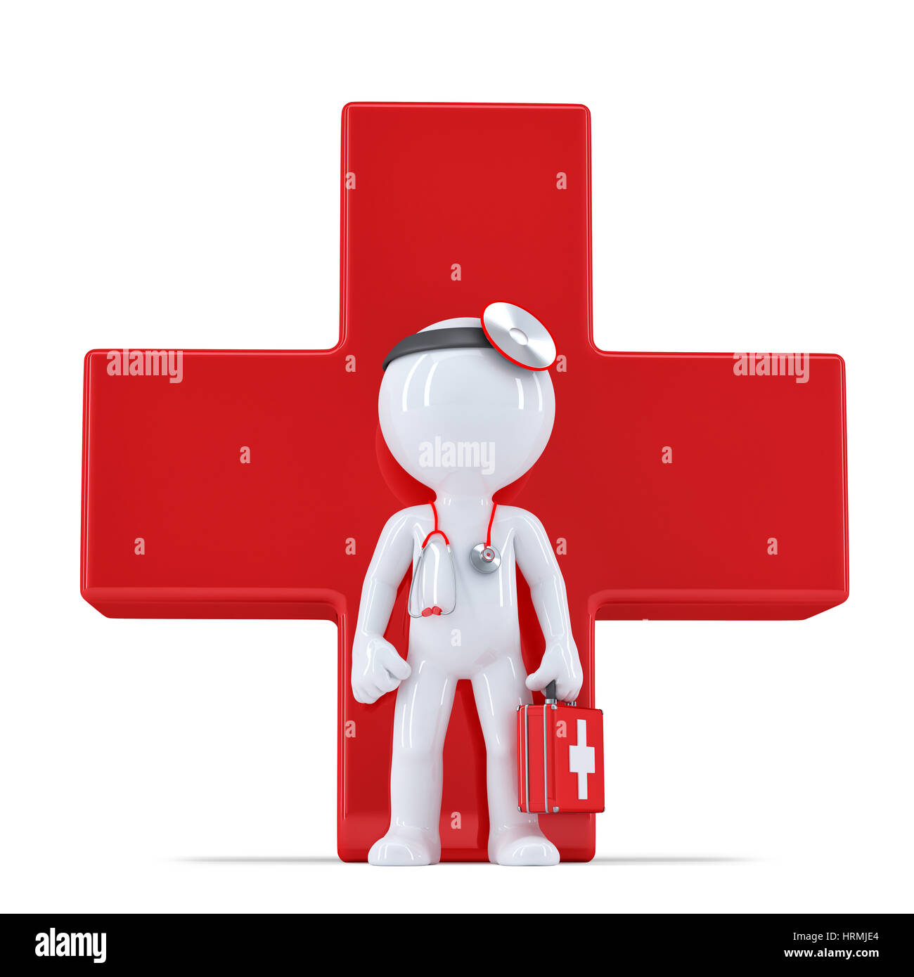 3d doctor in front of giant red cross. Isolated on white. Contains ...