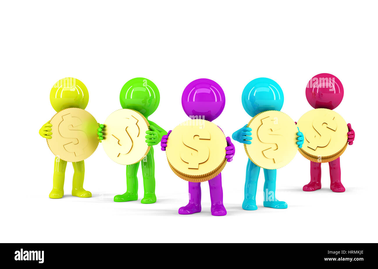 Group of coloured 3d people holding coins. Isolated. Contains clipping ...