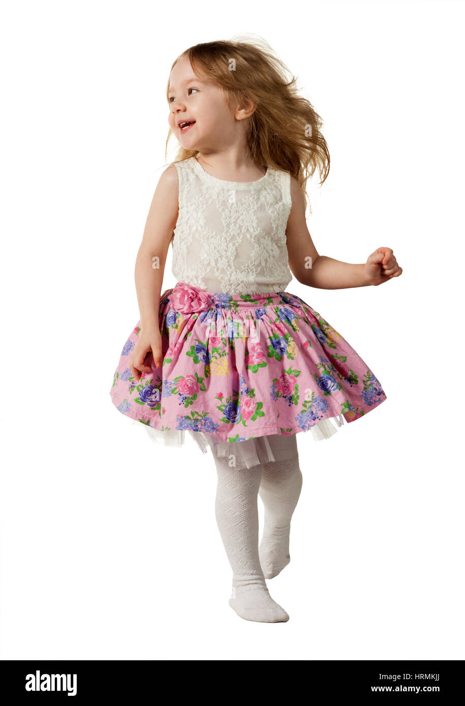 Little cute girl jumping, running, dancing, having fun. Isolated on ...