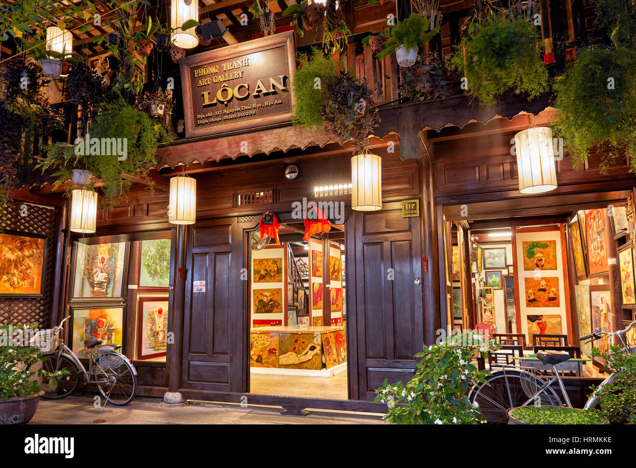 Art gallery front entrance illuminated at night. Hoi An Ancient Town ...