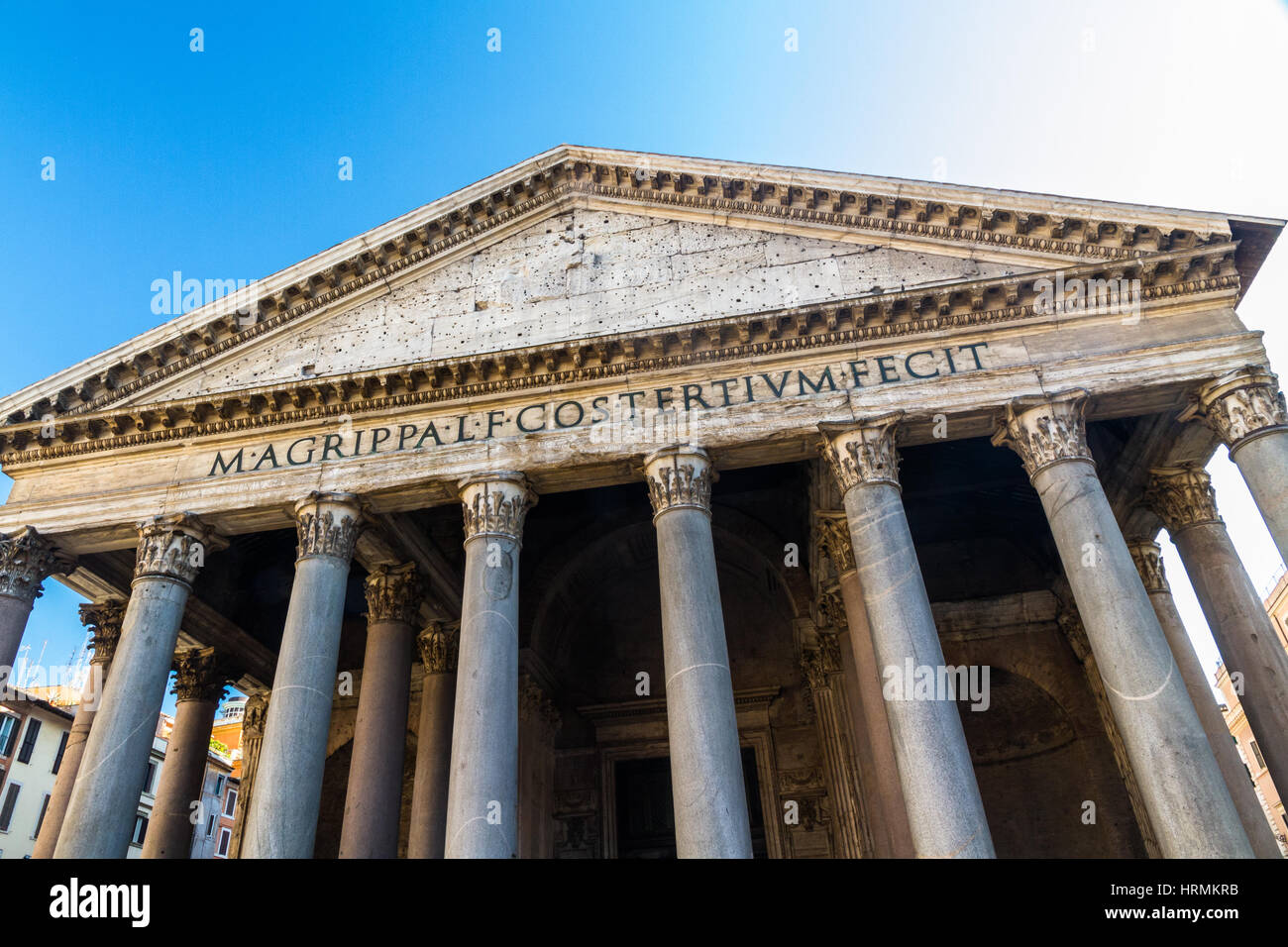 Looking up at the columns and facade of the Roman Pantheon, Rome, Italy ...