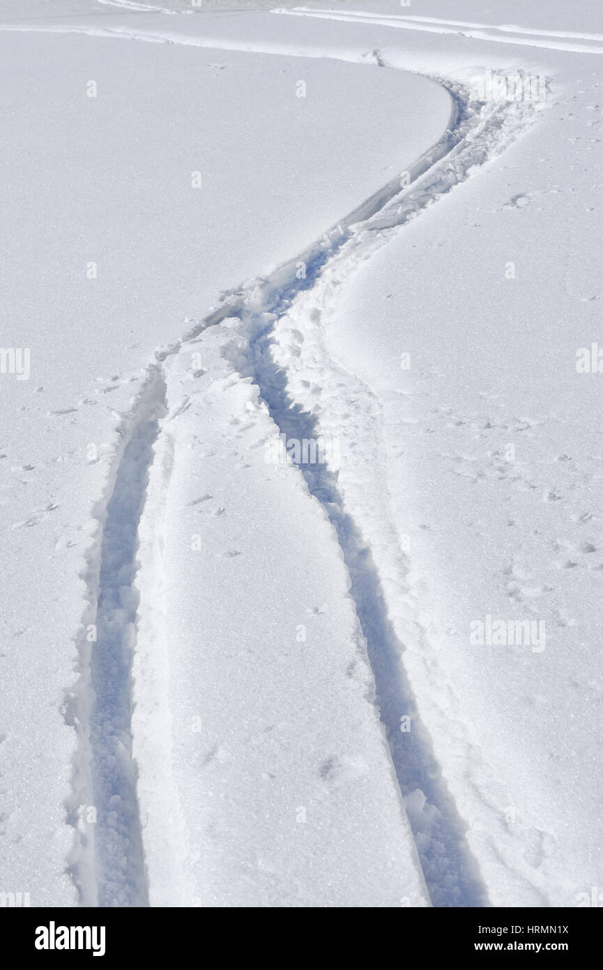 Ski track on fresh snow. Winter sport background, cross-country skiing ...