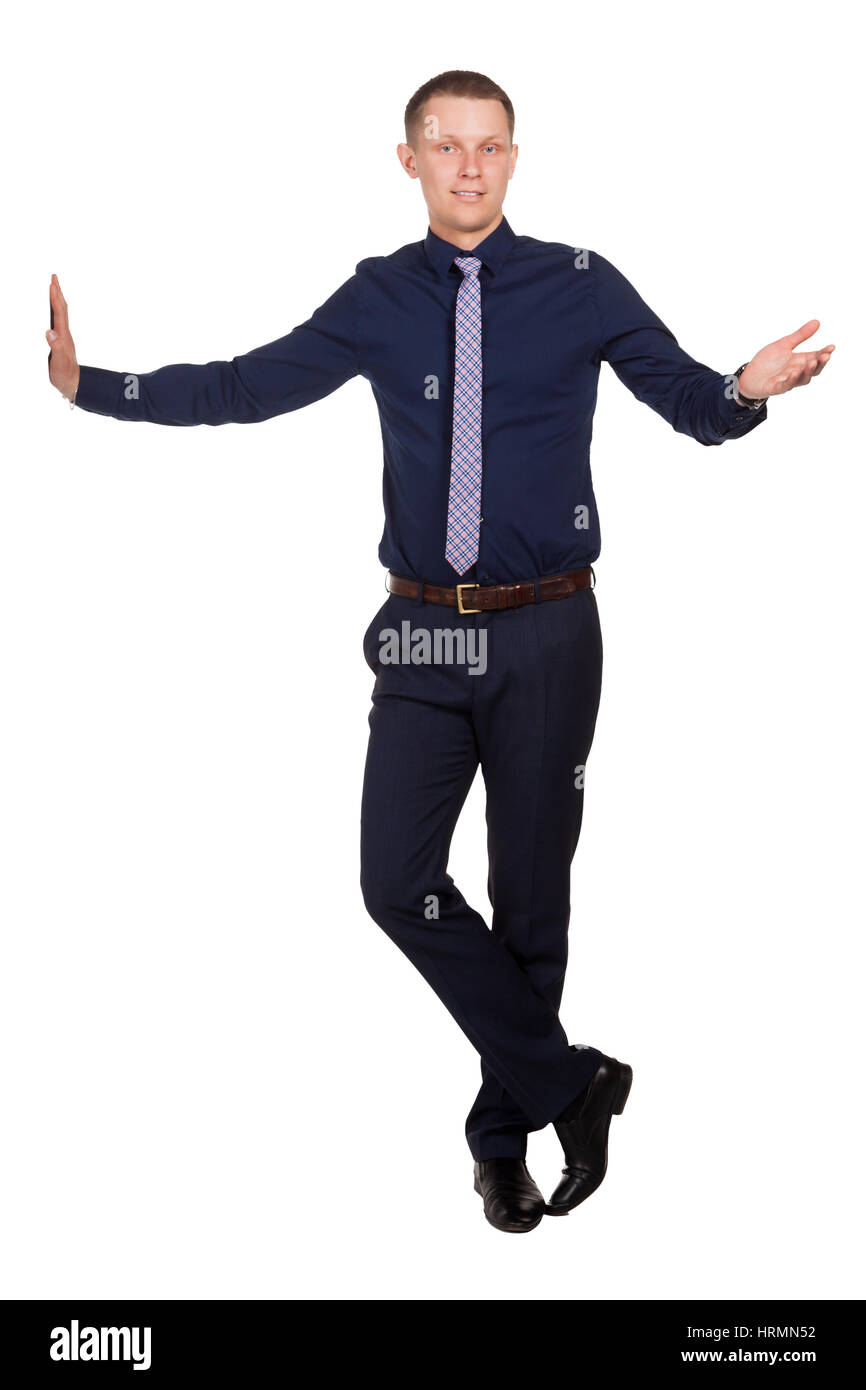Young businessman explaining something stand in free pose, isolated on ...