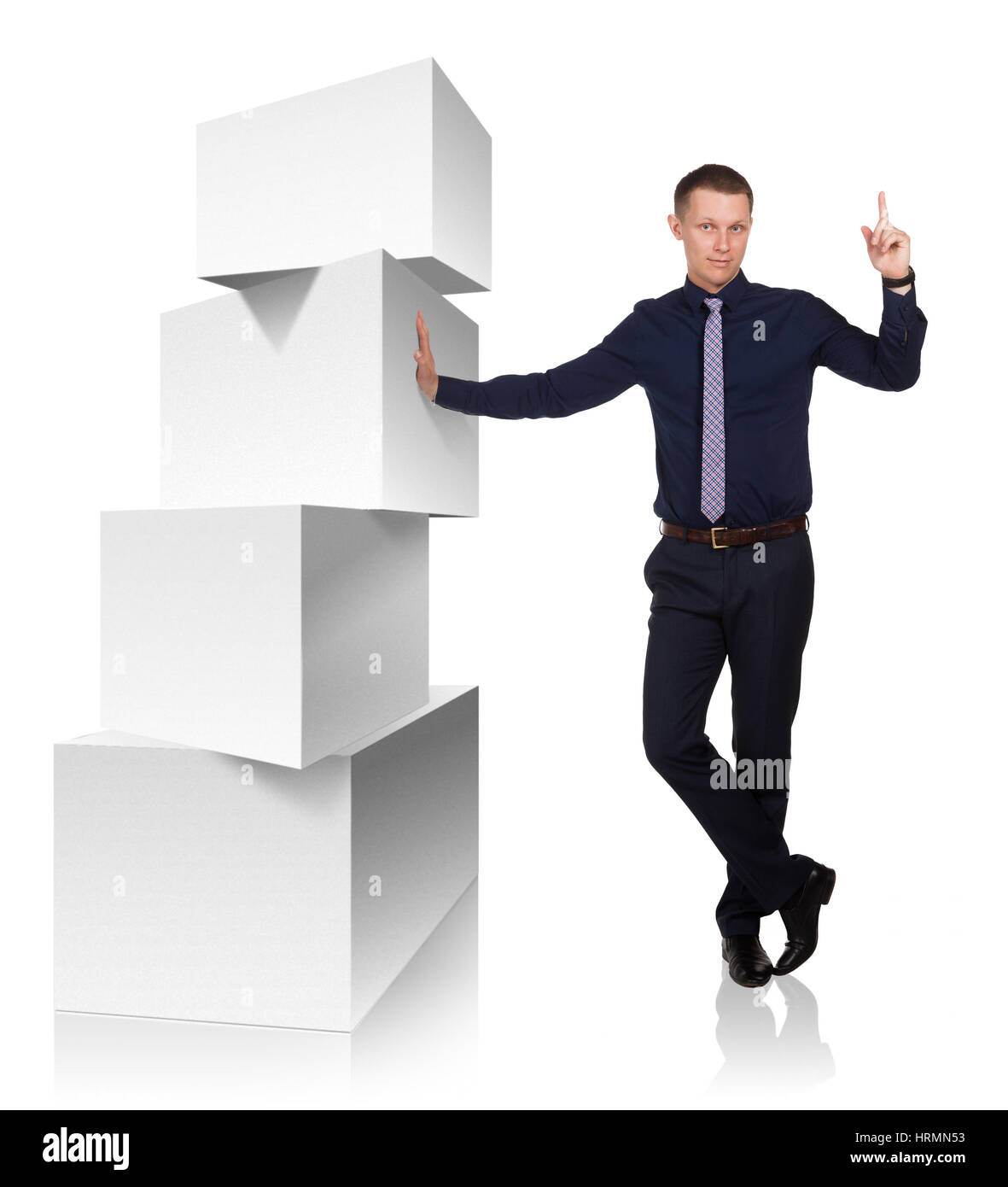 Young businessman stands in free pose and tells about advantages his ...