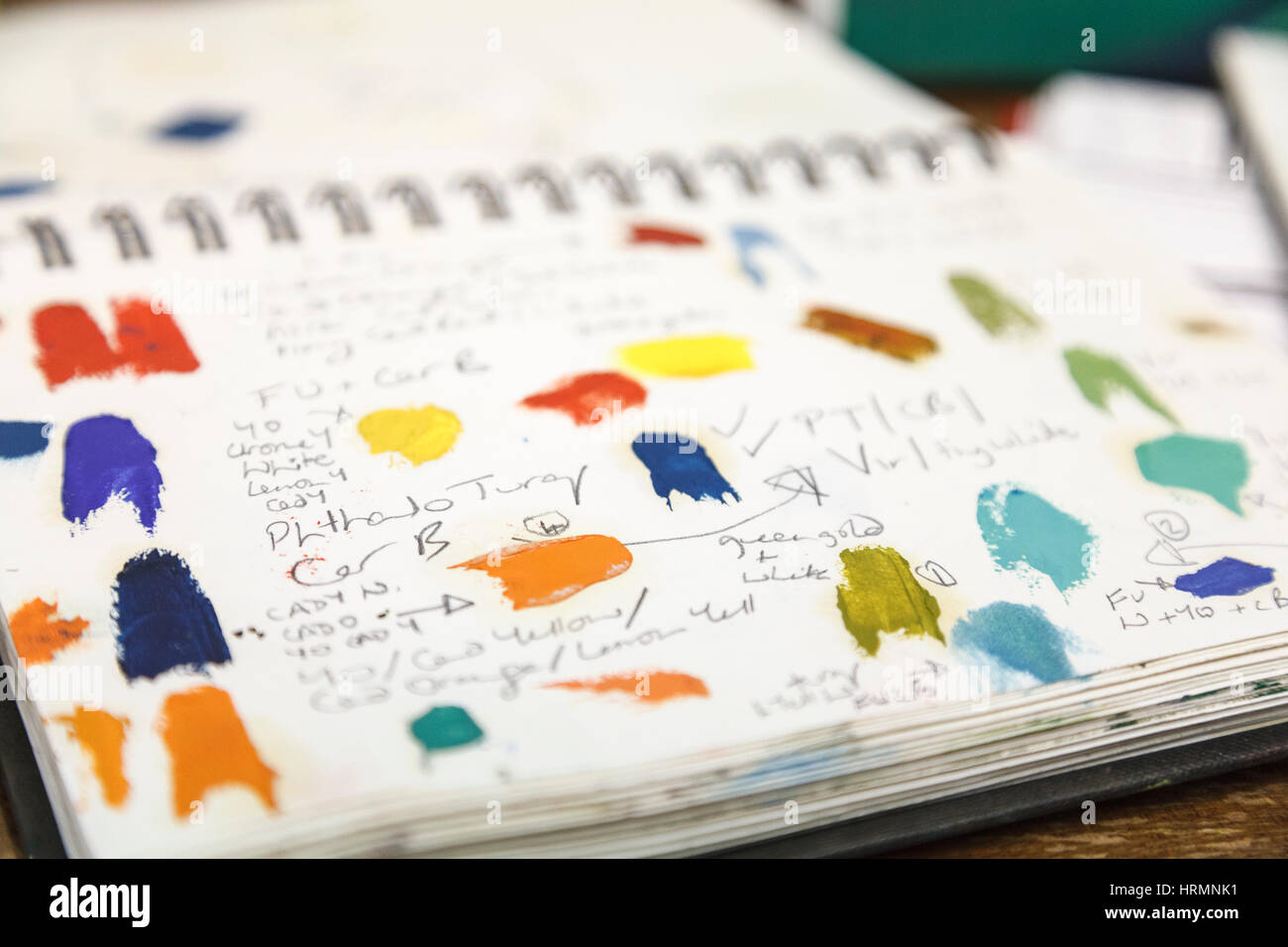Artist’s open spiral bound sketch book with colour samples Stock Photo ...