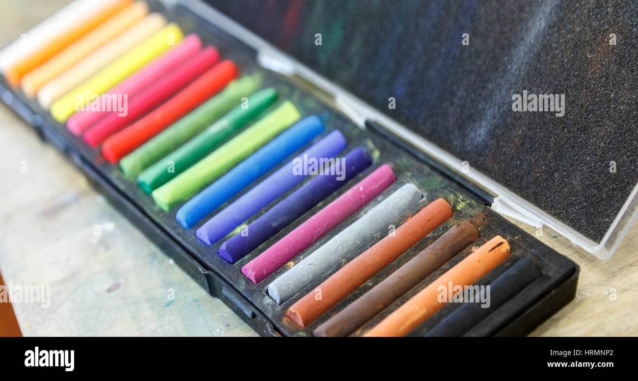 Box of artist's pastels, used Stock Photo - Alamy