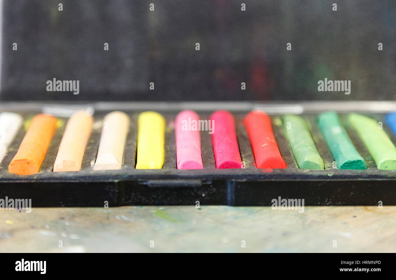 Box of artist's pastels, used Stock Photo - Alamy