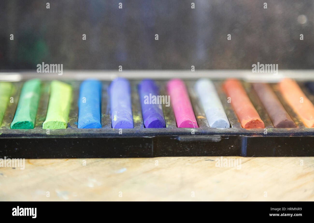 Box of artist's pastels, used Stock Photo - Alamy