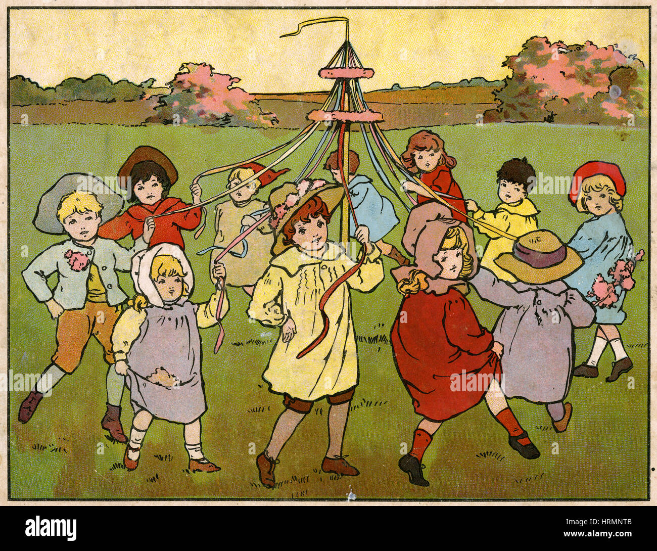 Antique c1890 English children's book illustration, The Maypole Dance Stock Photo - Alamy