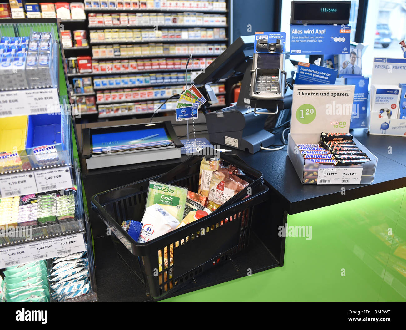 View of an Aral gas station with a built-in Rewe To Go supermarket in ...