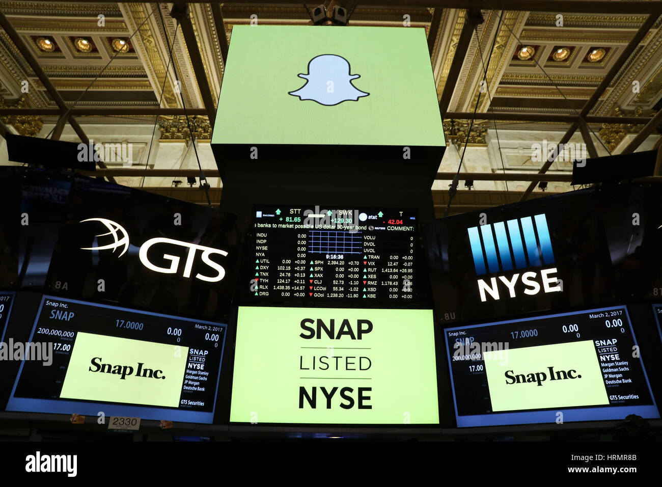 New York, USA. 2nd Mar, 2017. The screens show the IPO of Snap Inc. at ...