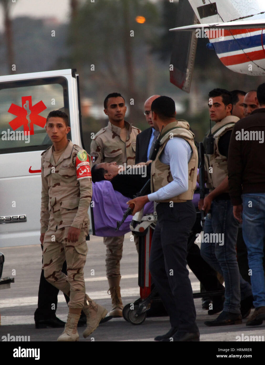 Cairo. 2nd Mar, 2017. Egypt's former President Hosni Mubarak lies on a stretcher while being ...