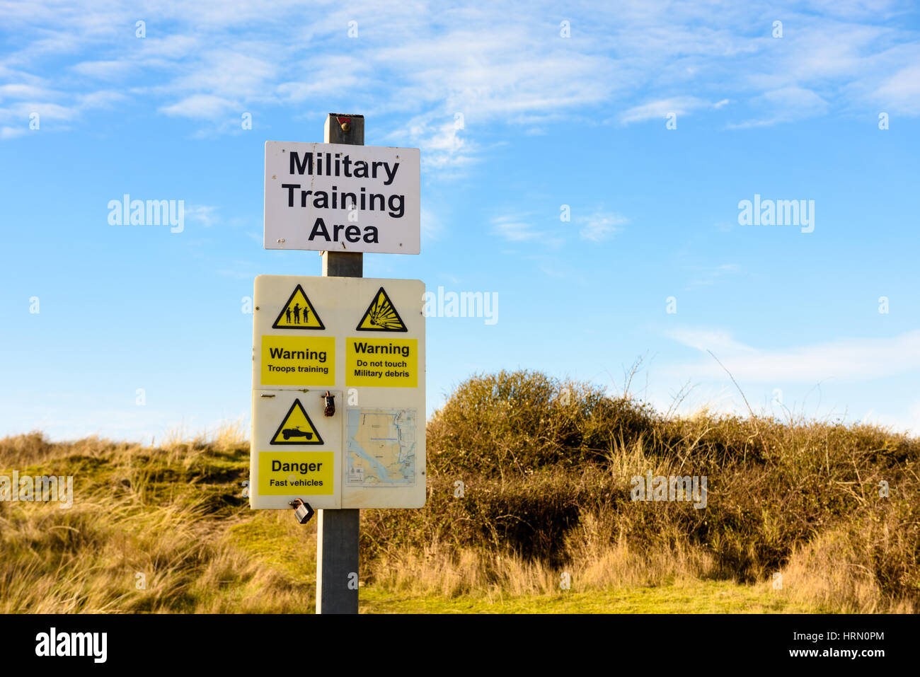 Military training area warning sign at Braunton Burrows, Devon, England ...