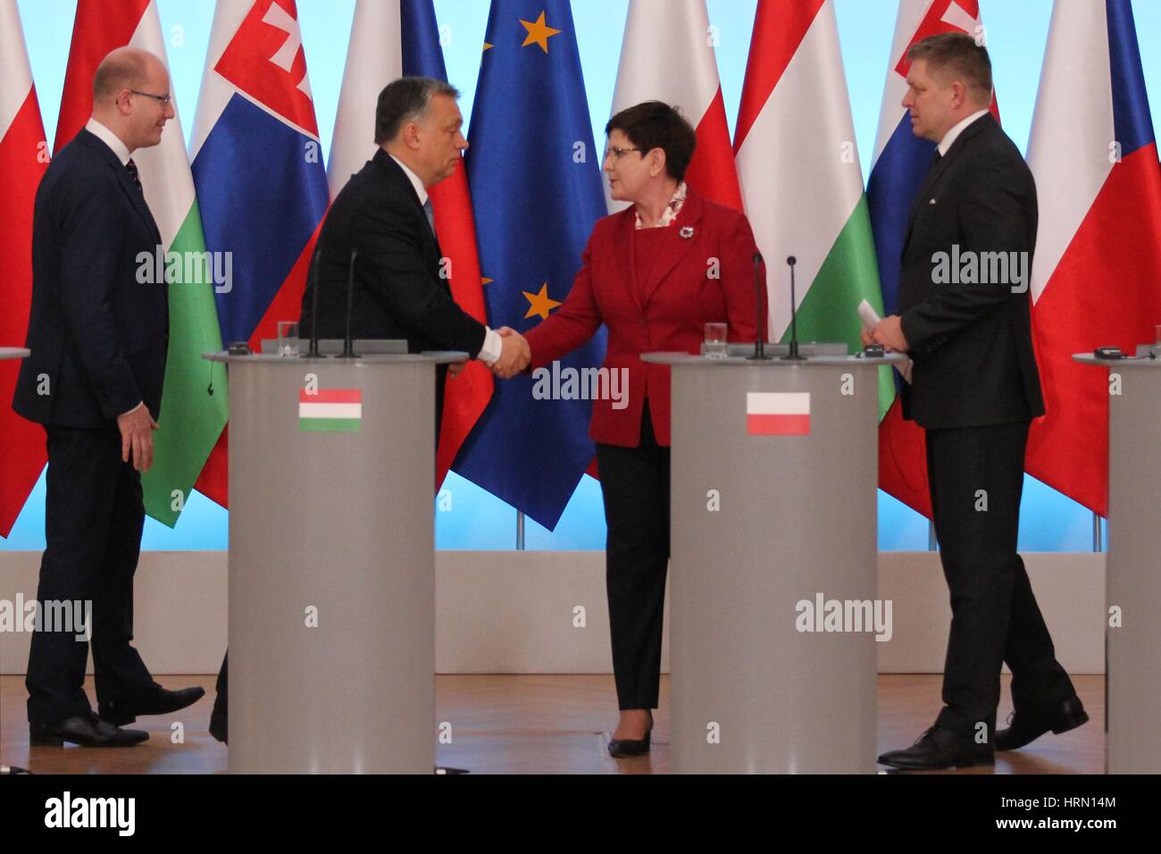 Warsaw, Poland. 2nd March 2017. Bohuslav Sobotka, Wiktor Orban, Beata ...