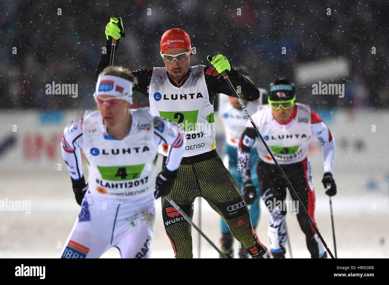 Lahti, Finland. 3rd Mar, 2017. Magnus Krog from Norway (l) and Johannes ...