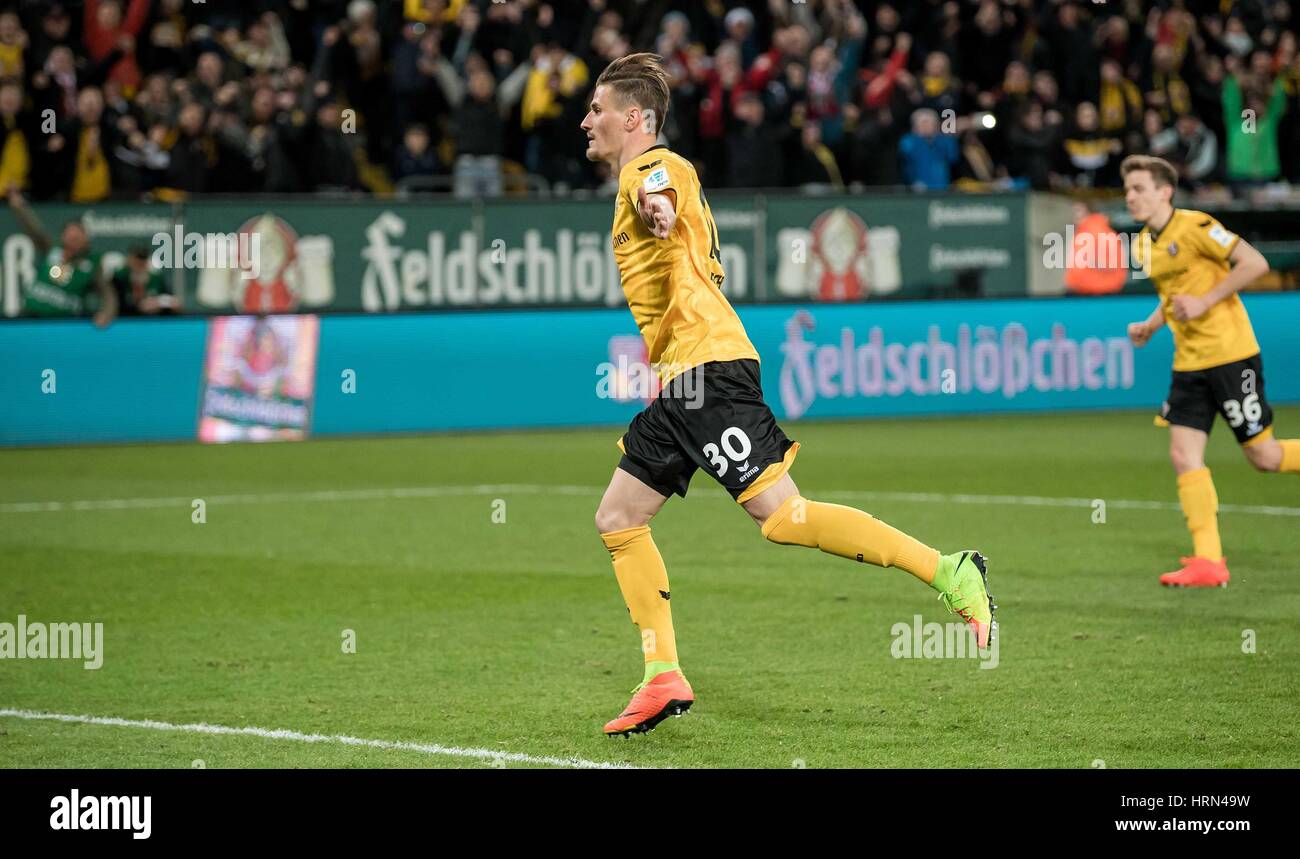 Dresden, Germany. 3rd Mar, 2017. Dresden's Stefan Kutschke celebrates ...