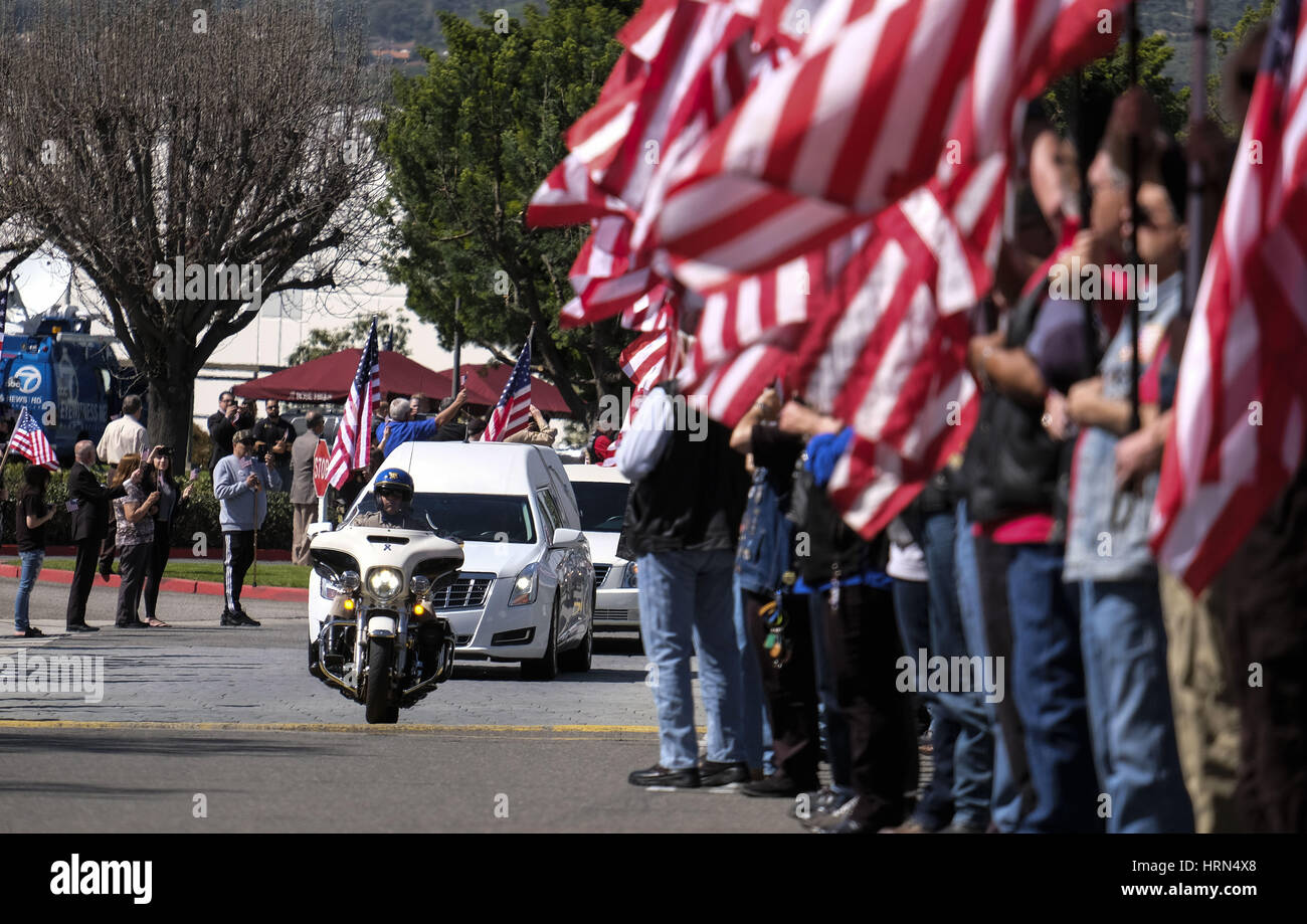 Los Angeles, California, USA. 3rd Mar, 2017. The hearse carrying the ...