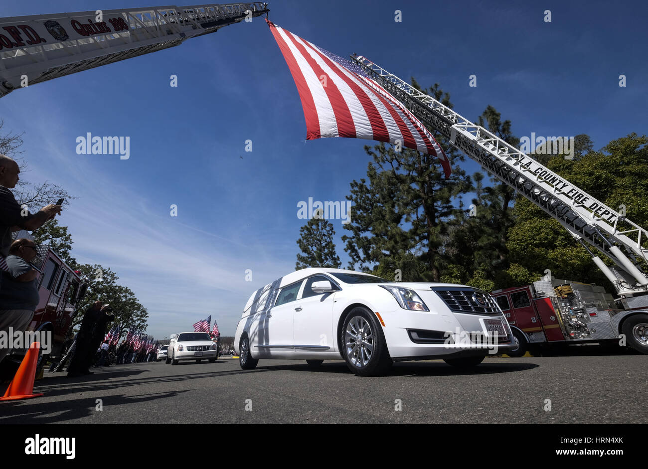 Los Angeles, California, USA. 3rd Mar, 2017. The hearse carrying the ...