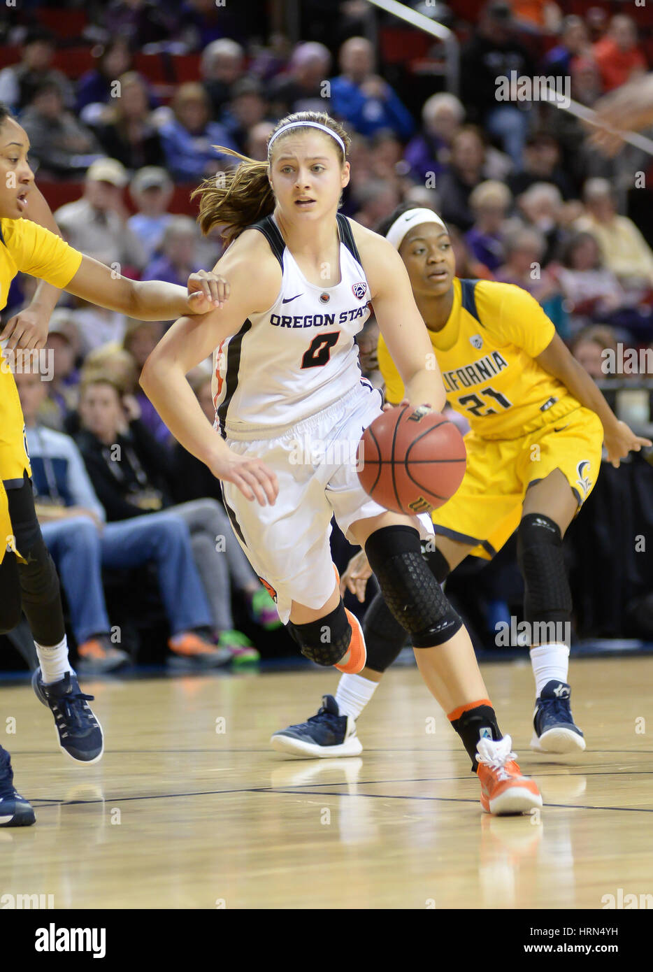 Seattle, WA, USA. 3rd Mar, 2017. OSU's Mikayla Pivec (0) dribbles down ...