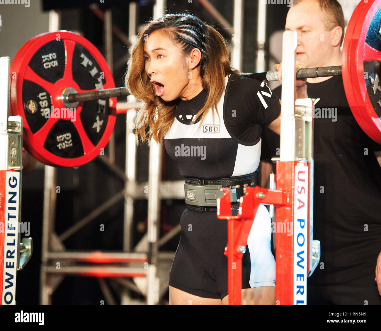 Columbus, Ohio, USA. March 3, 2017: Ling Fan competes in the squat in ...