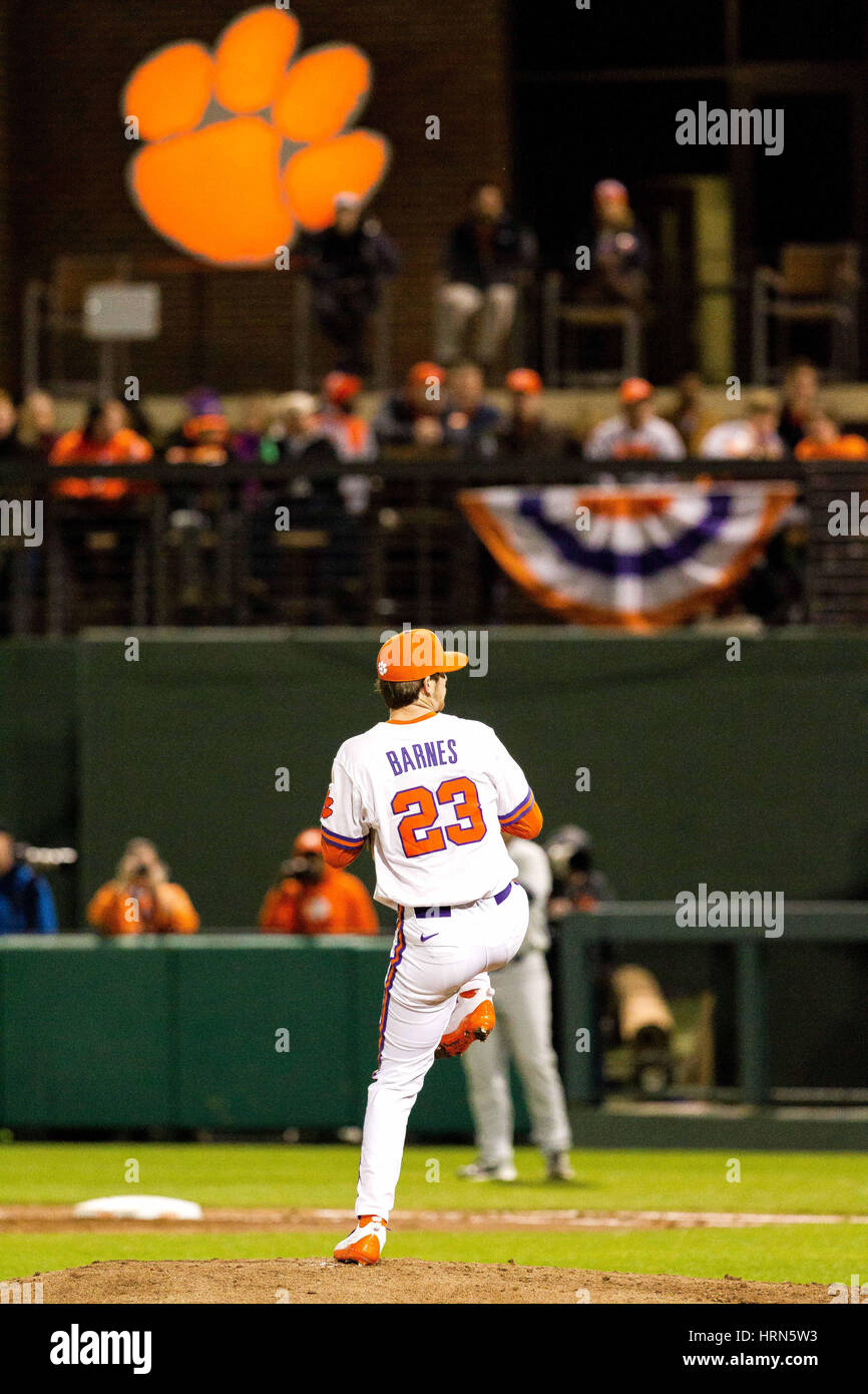 Clemson, SC, USA. 3rd Mar, 2017. Tigers pitcher Charlie Barnes (23 ...