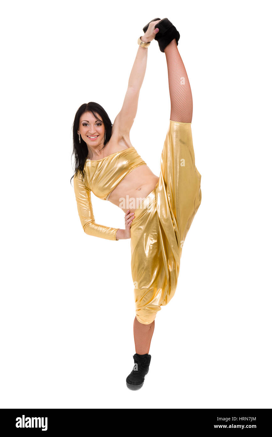 Disco dancer woman showing some movements against isolated white ...