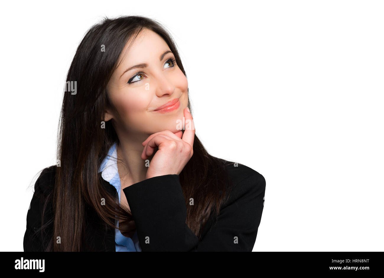 Portrait of a beautiful young woman thinking, isolated on white ...
