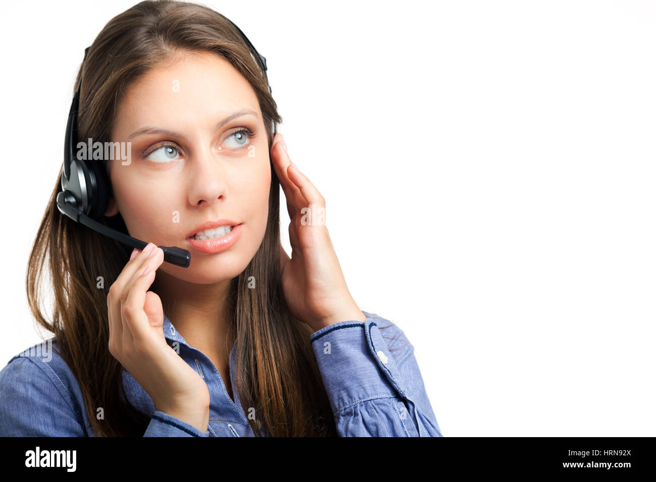 Smiling female call center operator isolated on white Stock Photo - Alamy