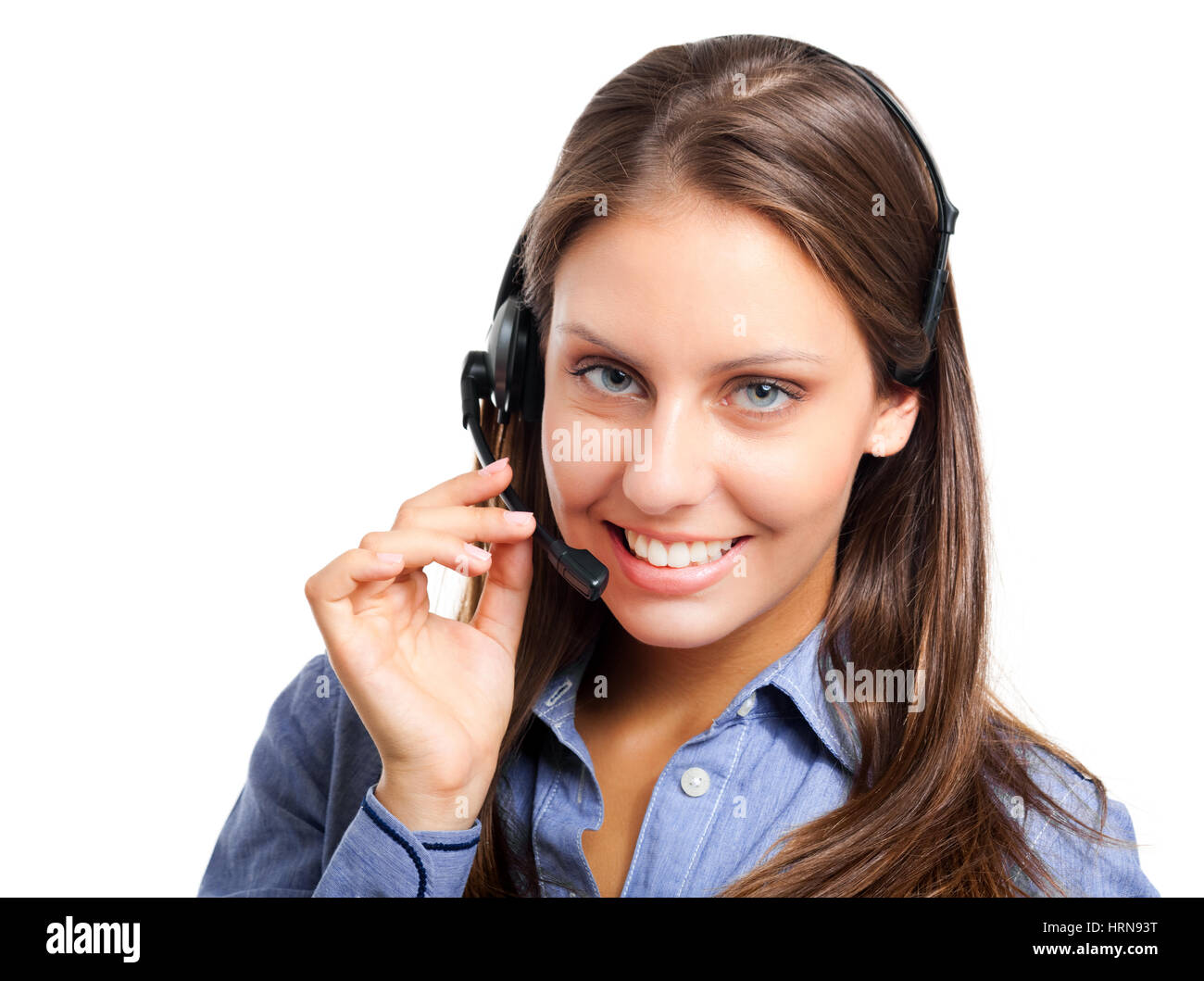 Smiling female call center operator isolated on white Stock Photo - Alamy