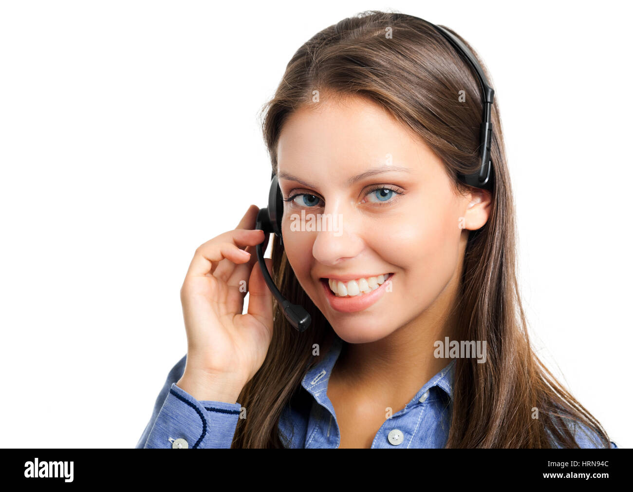 Smiling female call center operator isolated on white Stock Photo - Alamy