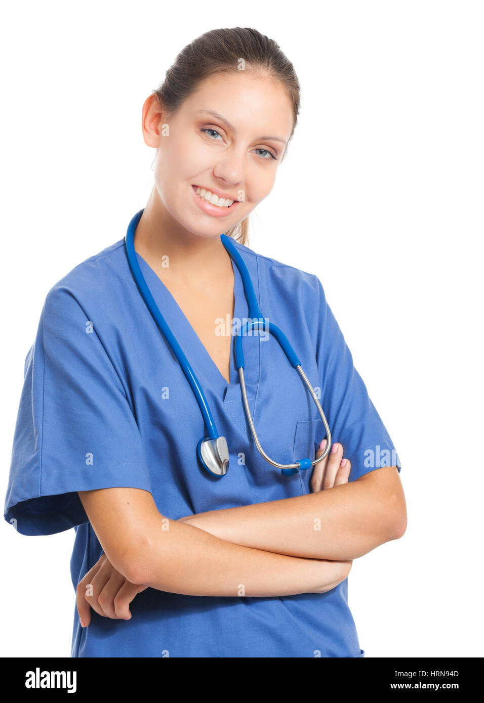 Portrait of a friendly female nurse on white background Stock Photo - Alamy