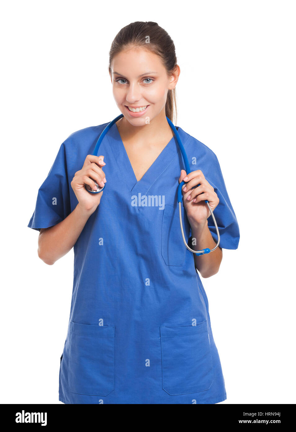 Portrait of a friendly female nurse on white background Stock Photo - Alamy