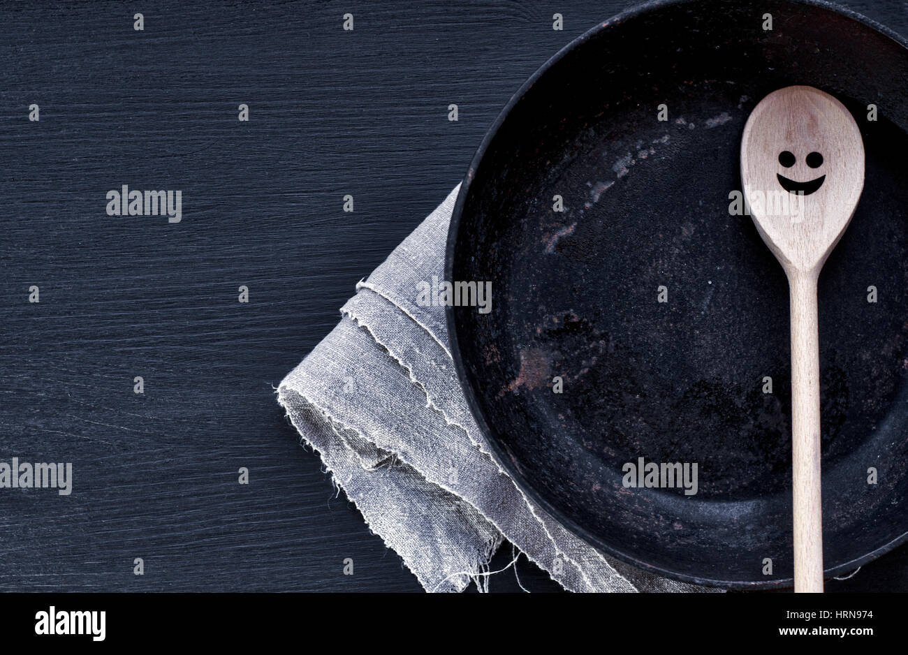 Frying pan with wooden spatula, funny faces on the blade, top view ...